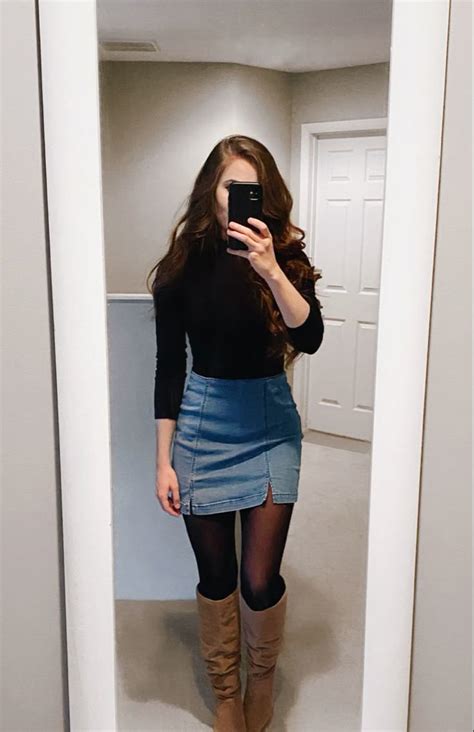 Black Turtleneck Denim Skirt And Tall Suede Boots Mode Femme Mode