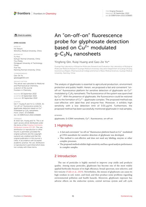 Pdf An “on Off On” Fluorescence Probe For Glyphosate Detection Based On Cu2 Modulated G C3n4
