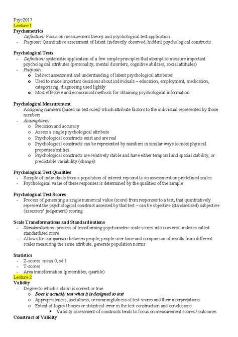 Psyc2017 Exam Notes Psyc Lecture 1 Psychometrics Definition Focus On Measurement Theory And