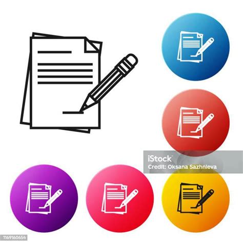 흰색 배경에 격리 된 지우개 아이콘이있는 검은 색 선 빈 노트북과 연필 종이와 연필 아이콘 다채로운 원 버튼을 설정합니다 벡터 일러스트레이션 개념에 대한 스톡 벡터 아트 및