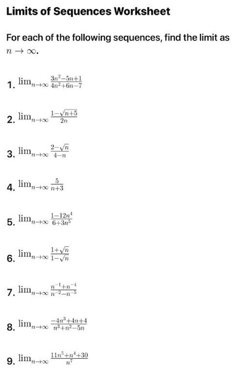 solved limits of sequences worksheetfor each of the