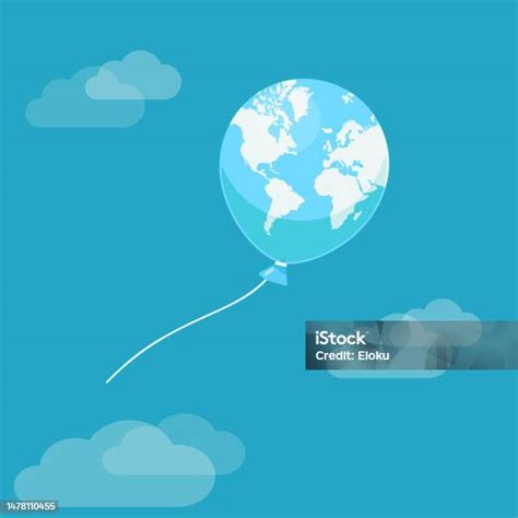 하늘을 나는 세계 지도가 있는 풍선으로 지구 지구 파란색 배경에 평면 벡터 그림 4월에 대한 스톡 벡터 아트 및 기타 이미지