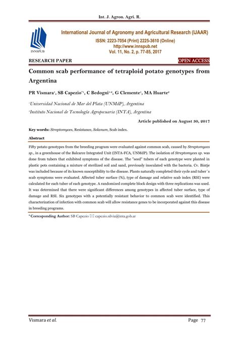 Common Scab Performance Of Tetraploid Potato Genotypes From Argentina
