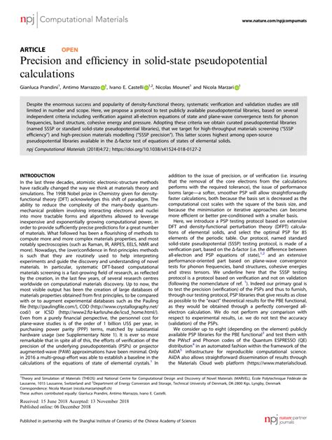 Pdf Precision And Efficiency In Solid State Pseudopotential Calculations