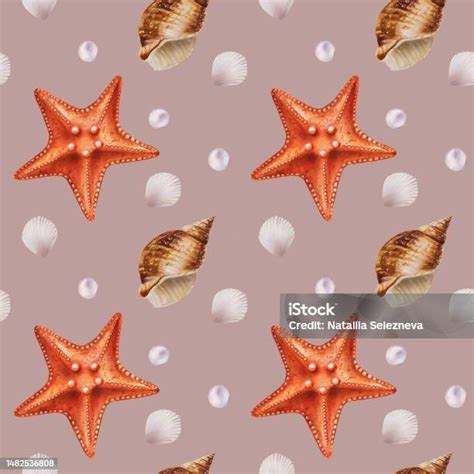 바다 별과 조개가 있는 수채화 매끄러운 패턴 흰색 고립된 배경에 수중 생물 물체를 손으로 칠하는 클립아트 디자이너 장식 엽서 포장지 스크랩북 표지 초대장 웨딩 디자인 포스터