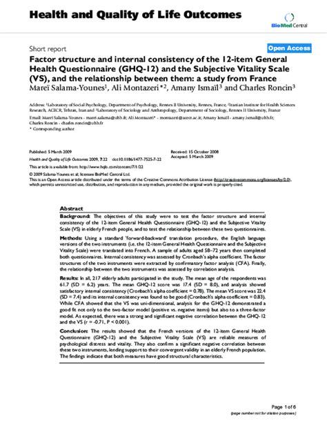 Pdf Factor Structure And Internal Consistency Of The 12 Item General Health Questionnaire Ghq