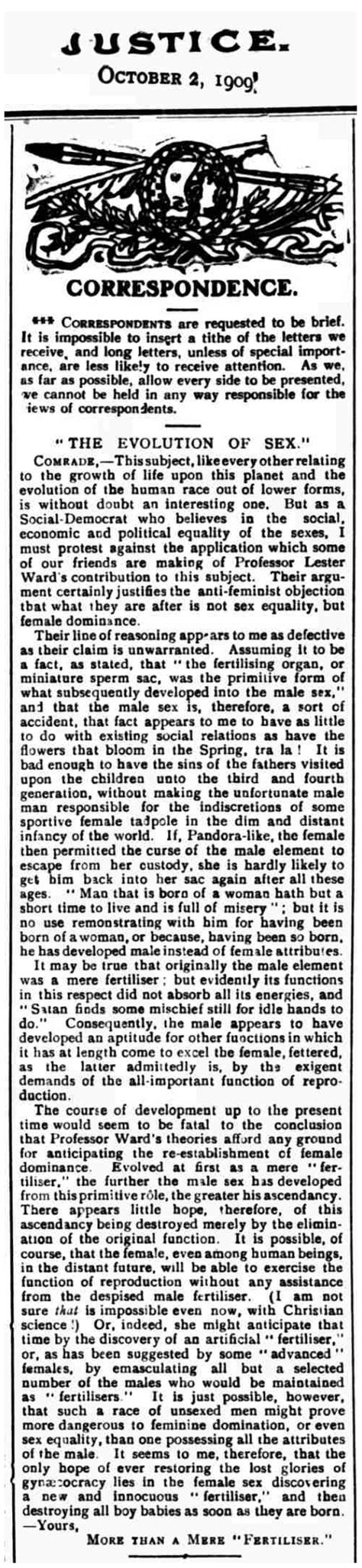 The Evolution of Sex A Protest Against Lester Wards Gynæcocentric Theory 1909