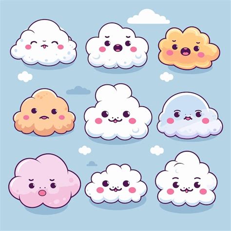 Premium Vector Set Of Cloud Shaped Emoji With Different Mood Kawaii