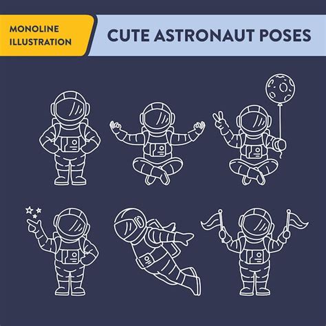 우주 에서 귀여운 우주 비행사 가 터 모놀린 일러스트레이션 을 포즈 프리미엄 벡터