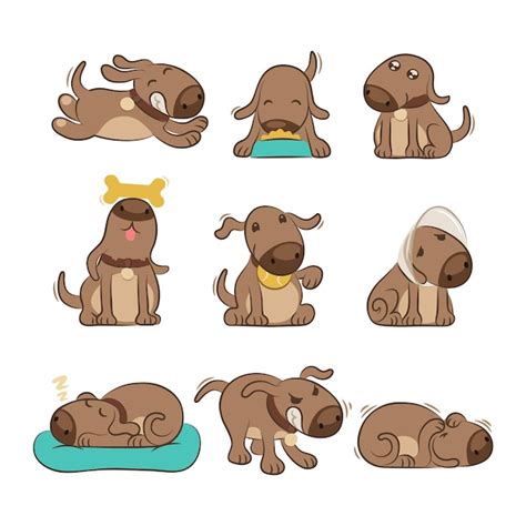 만화 개 세트 벡터 포즈 프리미엄 벡터