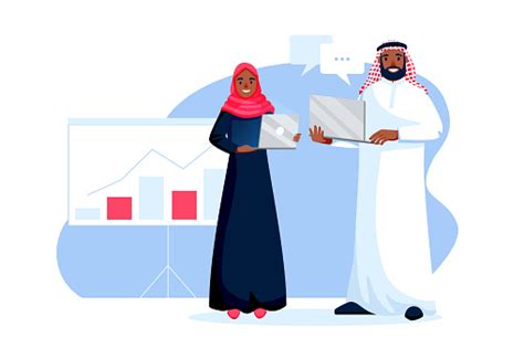 프리젠 테이션을 보여주는 노트북과 아랍 남자와 여자 벡터 그림입니다 비즈니스 미팅 및 커뮤니케이션 컨셉 사무실에 대한 스톡 벡터 아트 및 기타 이미지 Istock