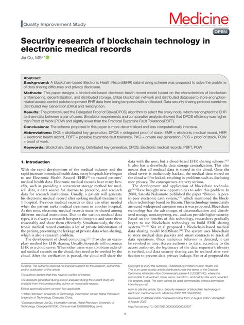 Pdf Security Research Of Blockchain Technology In Electronic Medical