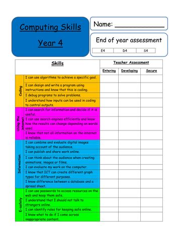 Year 4 Computing Skills Teacher Assessment Sheet Curriculum 2014 Ks2 Teaching Resources