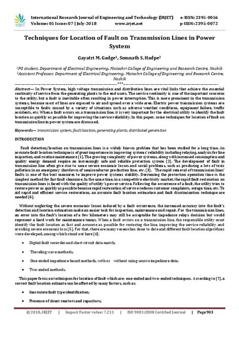 Pdf Techniques For Location Of Fault On Transmission Lines In Power System