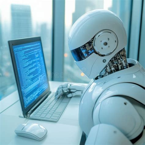 A Humanoid Robot Working On A Laptop In A Modern Office Overlooking The City Skyline Stock