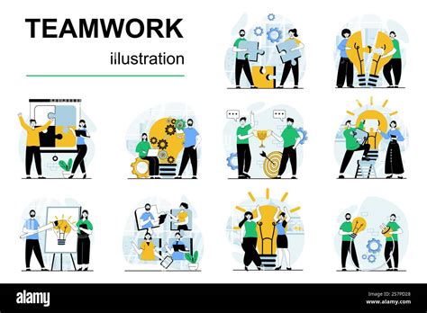 Teamwork Concept With Character Situations Mega Set Bundle Of Scenes People Working Together At
