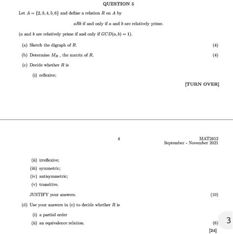 solved question 5 let a 2 3 4 5 6 and define a relation r on a