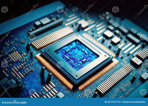 Electronic Circuit Board Close Up Glowing Microchip In Macro Futuristic Circuit Concept Stock