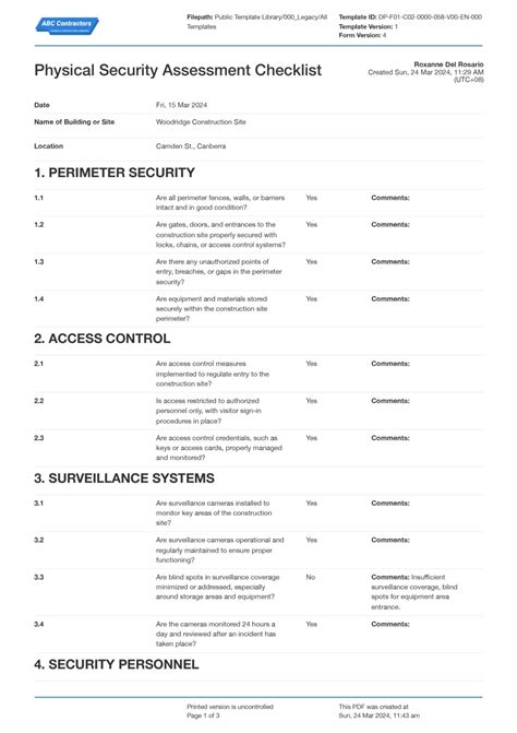Physical Security Assessment Checklist Template