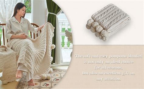 Chenille Chunky Knitted Throw Blanket With 14pcs Pom Poms