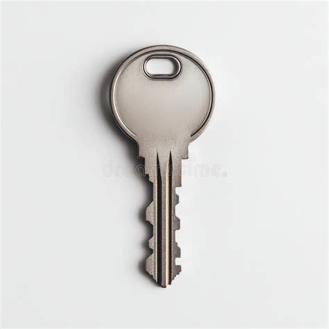 A Worn Silver Key With Scratches On A Plain White Background Stock
