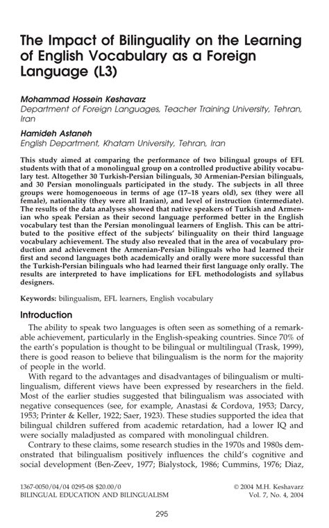 Pdf The Impact Of Bilinguality On The Learning Of English Vocabulary As A Foreign Language L3