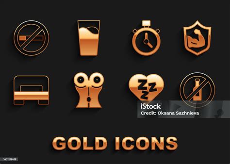 여성 허리 보디 빌더 근육 알코올 없음 졸린 큰 침대 스톱워치 흡연 및 물 아이콘이있는 유리를 설정하십시오 벡터 가구에 대한 스톡 벡터 아트 및 기타 이미지 Istock