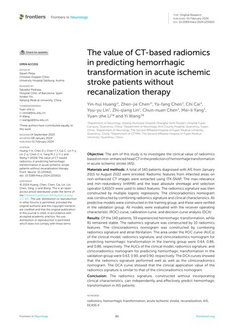 Pdf The Value Of Ct Based Radiomics In Predicting Hemorrhagic Transformation In Acute Ischemic