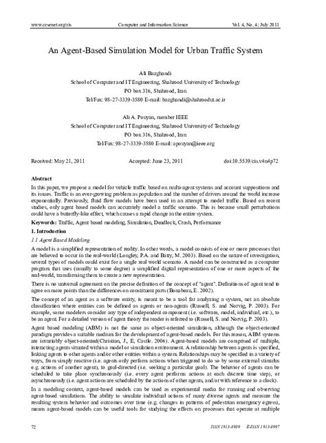 Pdf An Agent Based Simulation Model For Urban Traffic System