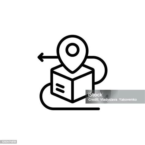 제품 상자 및 맵 핀 솔리드 라인 아이콘 배송 기호 패키지 추적 벡터입니다 위치 교통 목적지가있는 골판지 상자 웹 사이트에 대한 벡터 플랫 만화 그림 나무 기둥에 대한 스톡