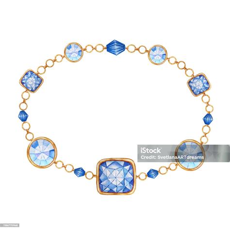 블루 스퀘어와 라운드 크리스탈 젬스톤 골드 원소 아름다운 보석 팔찌 흰색 배경에 황금 체인에 크리스탈 수채화 그리기 팔찌 프레임 카드 포스터 컨셉 0명에 대한 스톡 벡터
