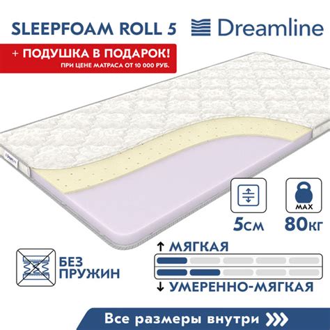 Матрас Dreamline alt-DreamLine-SleepFoam-Roll-5, Беспружинный, 160 ...