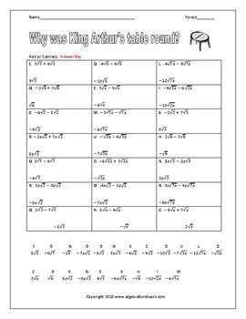 Radical Operations Adding And Subtracting Radicals Riddle Worksheet