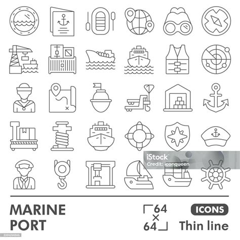 해양 항구 기호 모음 또는 스케치 웹 및 응용 프로그램에 대한 얇은 선 스타일 표지판의 배송 테마 흰색 배경에 고립된 벡터 그래픽입니다 건축물에 대한 스톡 벡터 아트 및