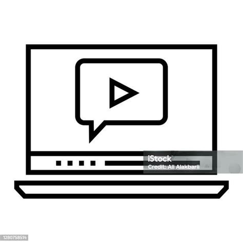 미디어 플레이어 아이콘이 있는 랩톱입니다 비디오 시작 버튼입니다 라인 디자인 0명에 대한 스톡 벡터 아트 및 기타 이미지 0명 Hd 포맷 개념 Istock