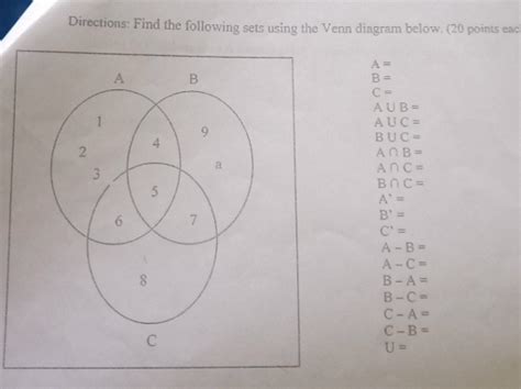 Solved Directions Find The Following Sets Using The Venn Diagram