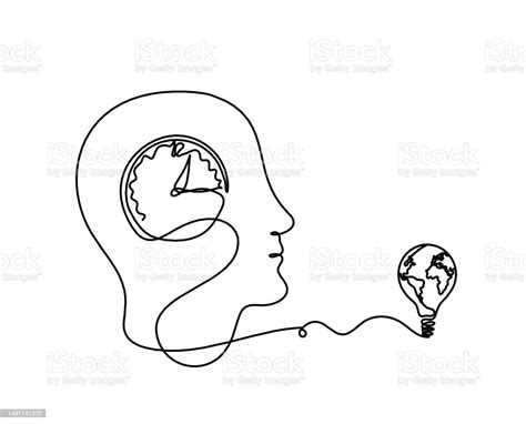 흰색 배경에 선 그리기로 지구본 전구가 있는 남자 실루엣 프로필 곡선에 대한 스톡 벡터 아트 및 기타 이미지 곡선 낙서