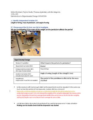 Pendulum Lab Lab Report Kennedy Klaer Phys L Section Pendulum Report Regan