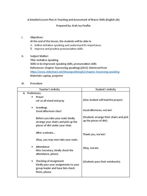 Macro Skills Lesson Plan Pdf Lesson Plan Education Theory