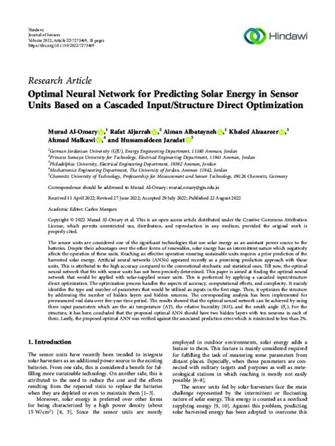 Pdf Optimal Neural Network For Predicting Solar Energy In Sensor