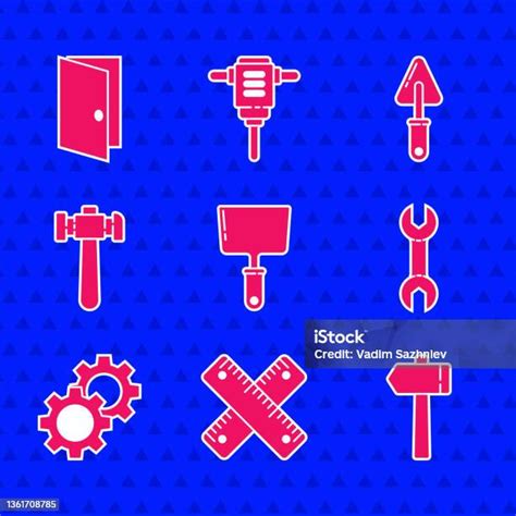 퍼티 나이프 교차 된 통치자 해머 렌치 스패너 기어 트로렐 및 폐쇄 문 아이콘을 설정합니다 벡터 갈고리 발톱에 대한 스톡 벡터 아트 및 기타 이미지 Istock
