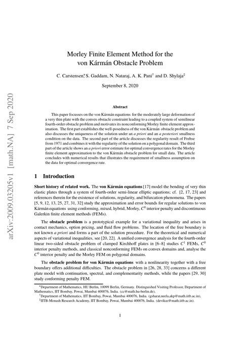 Pdf Morley Finite Element Method For The Von K A Rm A N Obstacle