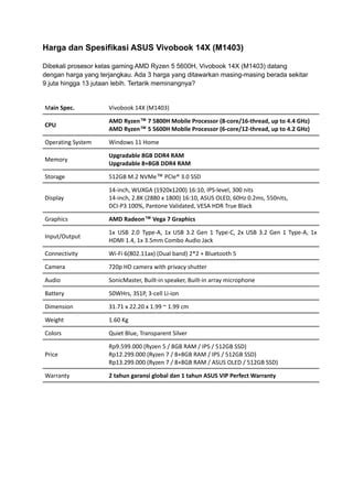 Harga Dan Spesifikasi Asus Vivobook X Pdf