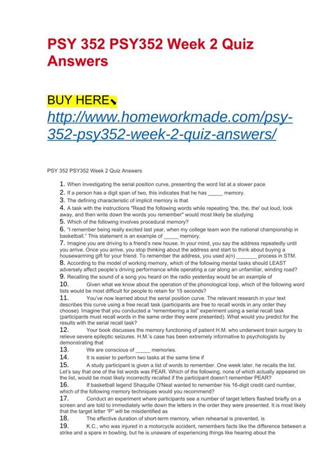 PSY PSY Week Quiz Answers