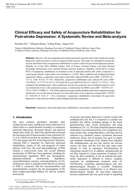 Pdf Clinical Efficacy And Safety Of Acupuncture Rehabilitation For Post Stroke Depression A