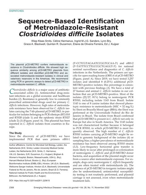 Pdf Sequence Based Identification Of Metronidazole Resistant Clostridioides Difficile Isolates