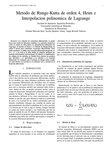 Runge Kutta Orden 4 En Matlab Y Su Aplicacion En Ecuaciones