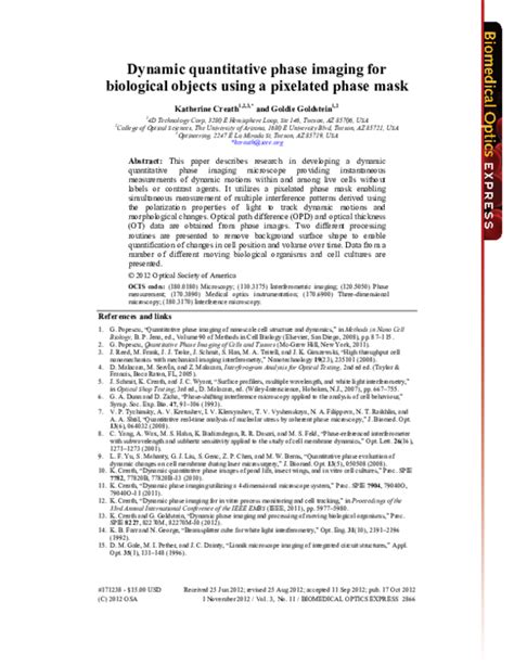 Pdf Dynamic Quantitative Phase Imaging For Biological Objects Using A Pixelated Phase Mask