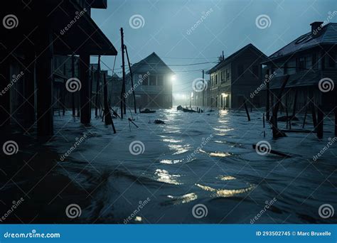 House In Floodwater At Night Ai Generated Stock Illustration