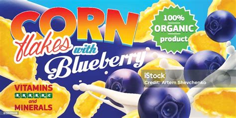 신선한 블루베리 광고 일러스트 큰 우유 스플래시와 현실적인 콘 플레이크 광고 전단지 포스터 또는 라벨 디자인을 위한 고품질 예술 3차원 형태에 대한 스톡 벡터 아트 및 기타